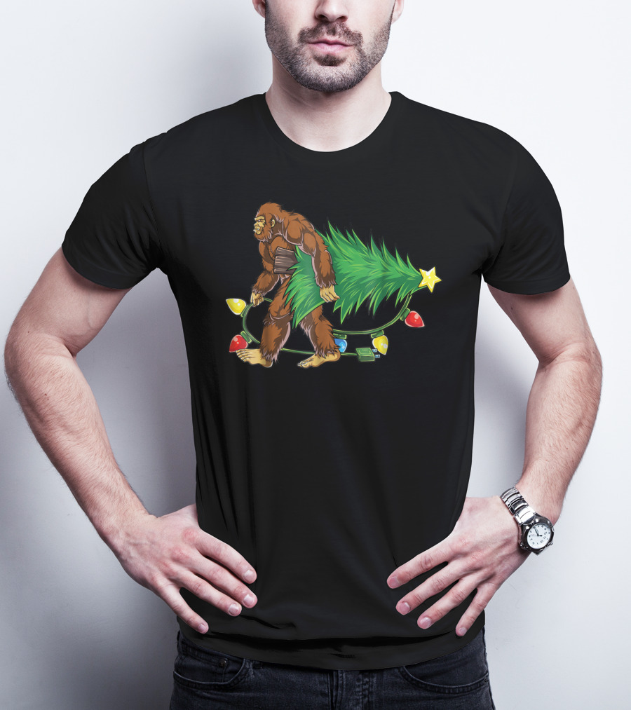 Bigfoot Sasquatch Christmas Tree With Lights Santa4 T-Shirt