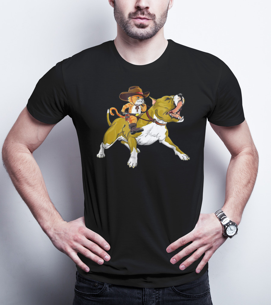 Cat Riding Pitbull Funny Kitty Kitten Cowboy Hat Gif16 T-Shirt