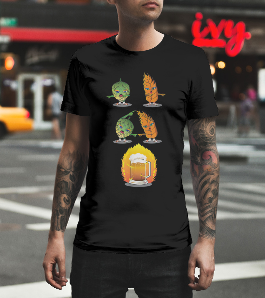 Funny Beer Fusion Hop And Malt Characters With Beer Mug Explosion T-Shirt