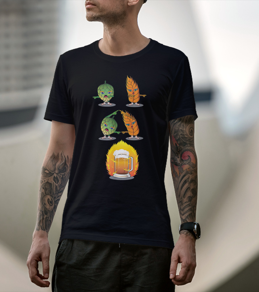 Funny Beer Fusion Hop And Malt Characters With Beer Mug Explosion T-Shirt