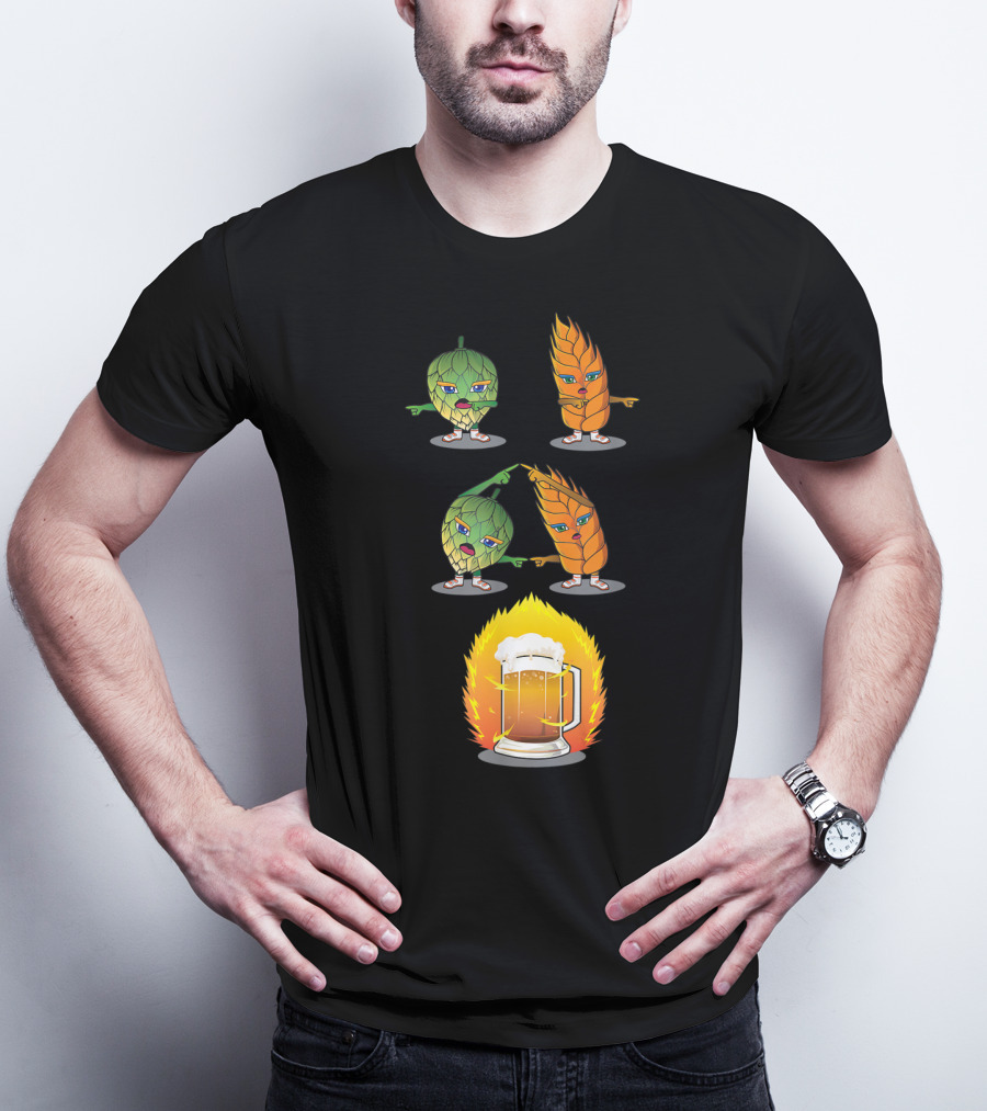 Funny Beer Fusion Hop And Malt Characters With Beer Mug Explosion T-Shirt