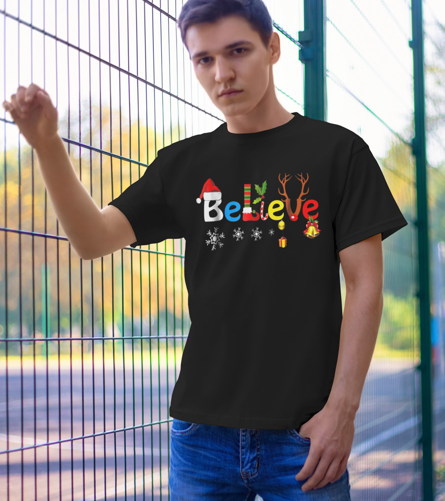 Believe Funny Christmas Santa Elf Reindeer Holiday Icons T-Shirt