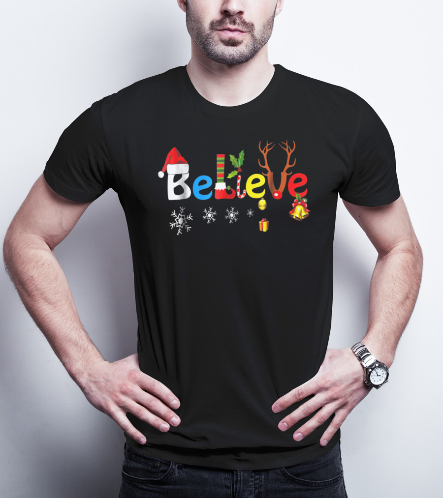 Believe Funny Christmas Santa Elf Reindeer Holiday Icons T-Shirt