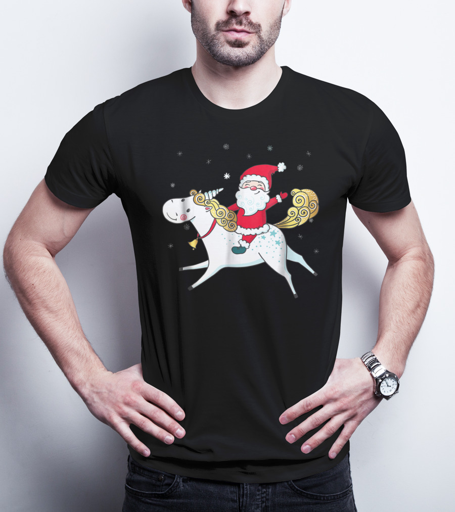 Funny Santa Claus Riding A Unicorn Christmas Noel T-Shirt