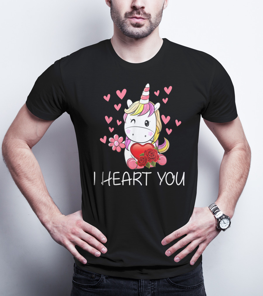 Girls Cute Unicorn I Heart You Valentines Day Hearts Roses T-Shirt