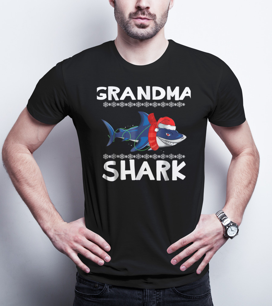 Grandma Shark Ugly Christmas With Santa Hat And Scarf T-Shirt