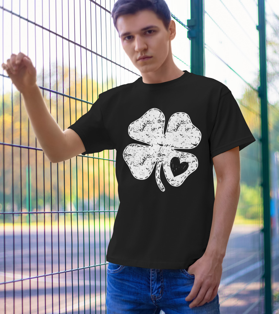 I Love Shamrock Heart St Patricks Day Four Leaf Clover Rustic Charm T-Shirt