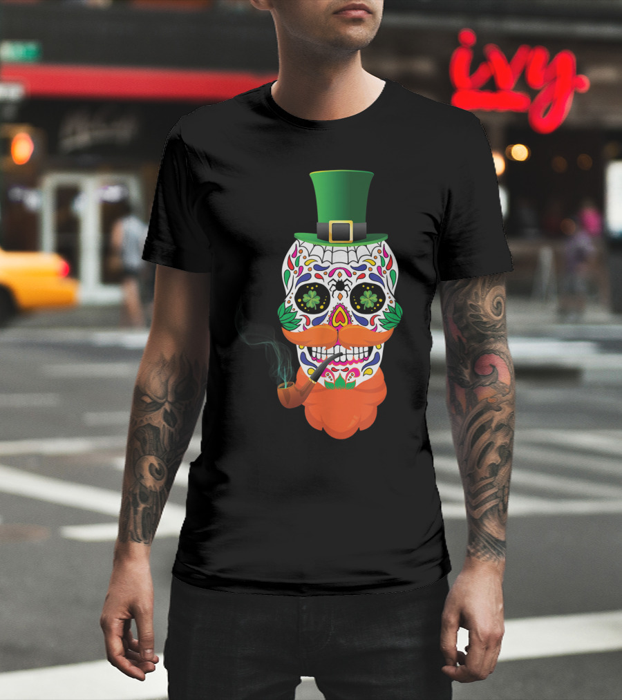 Irish Sugar Skull Leprechaun St Patricks Day Clover Pipe Hat Colorful T-Shirt