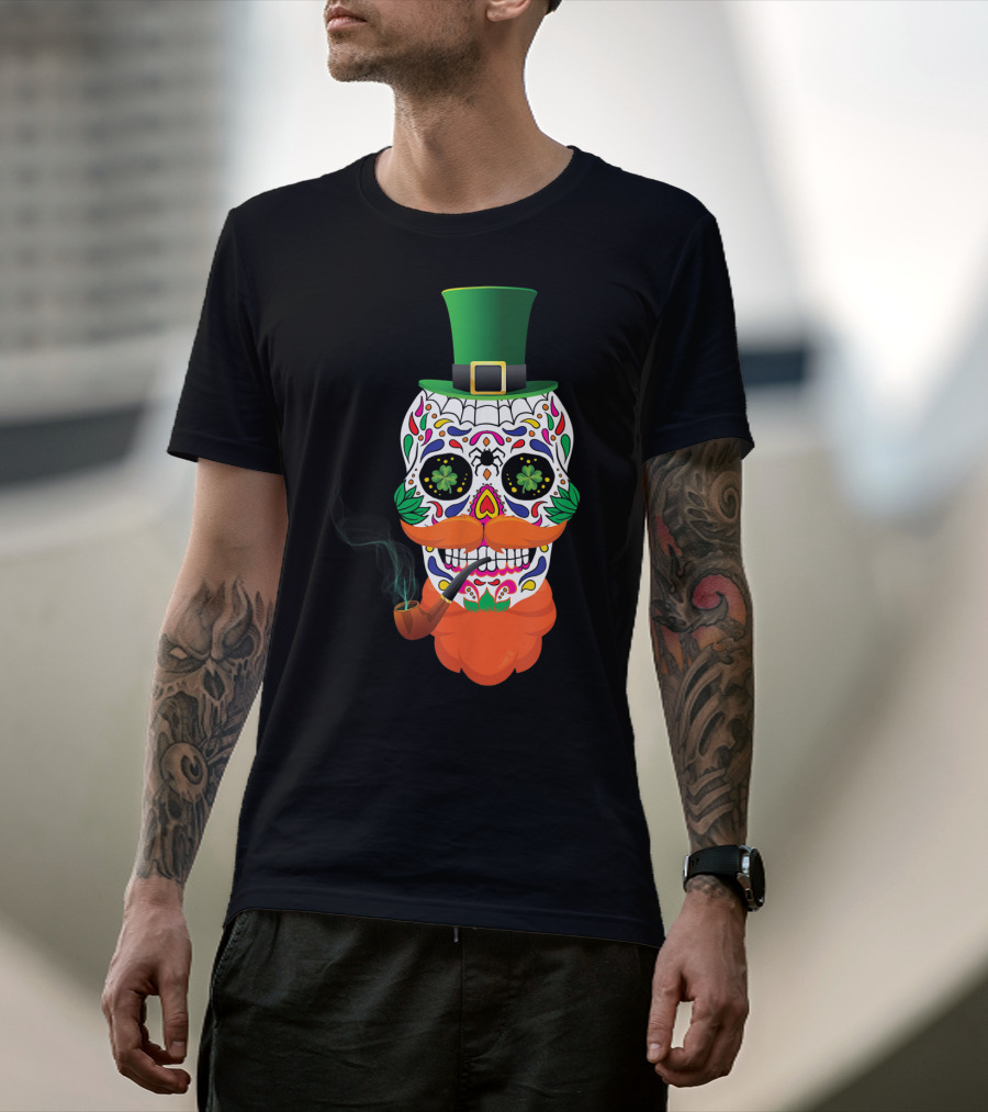 Irish Sugar Skull Leprechaun St Patricks Day Clover Pipe Hat Colorful T-Shirt