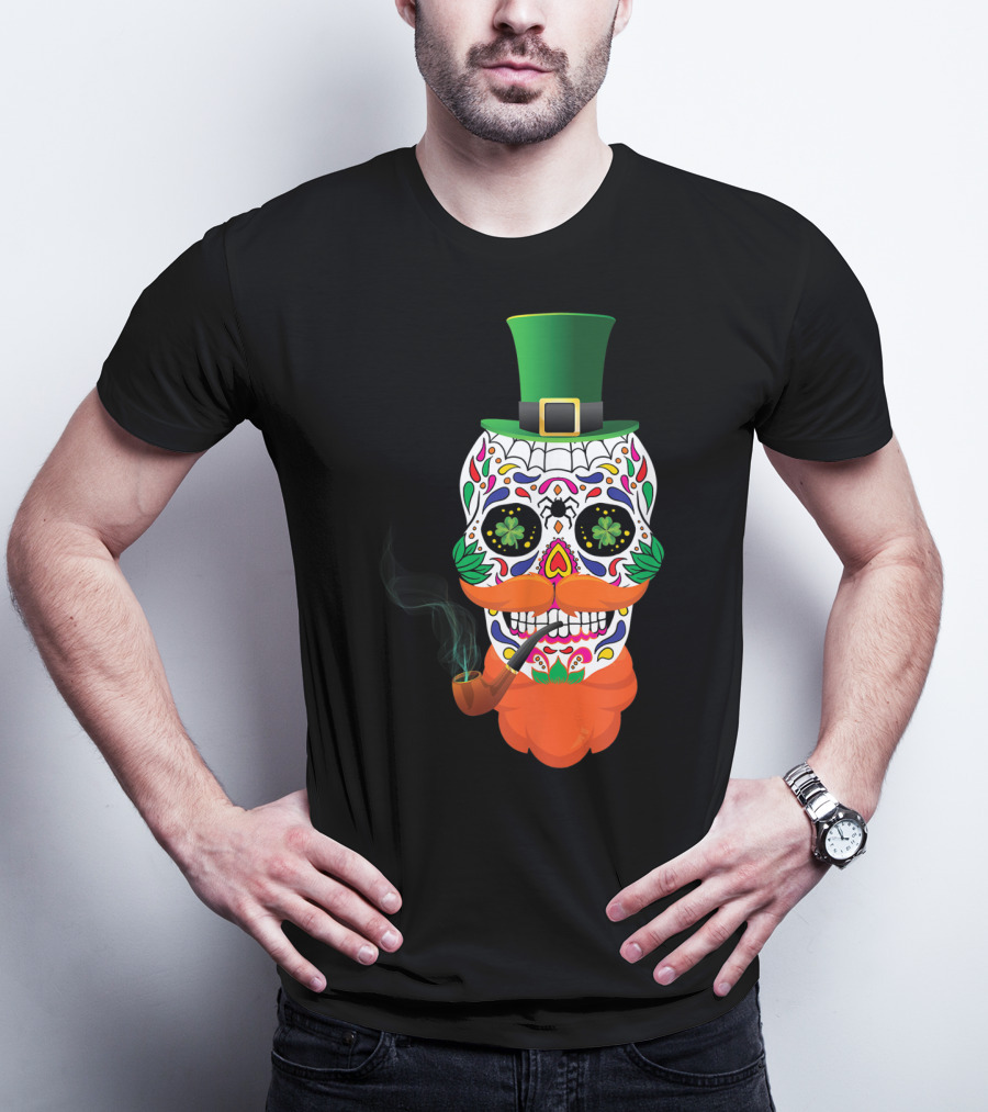 Irish Sugar Skull Leprechaun St Patricks Day Clover Pipe Hat Colorful T-Shirt