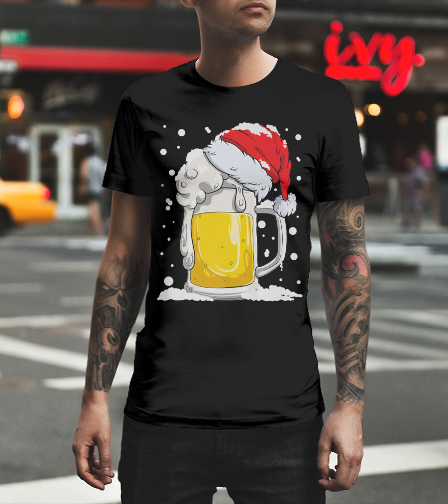 Beer Mug Wearing Santa Hat Surrounded By Snowflakes T-Shirt