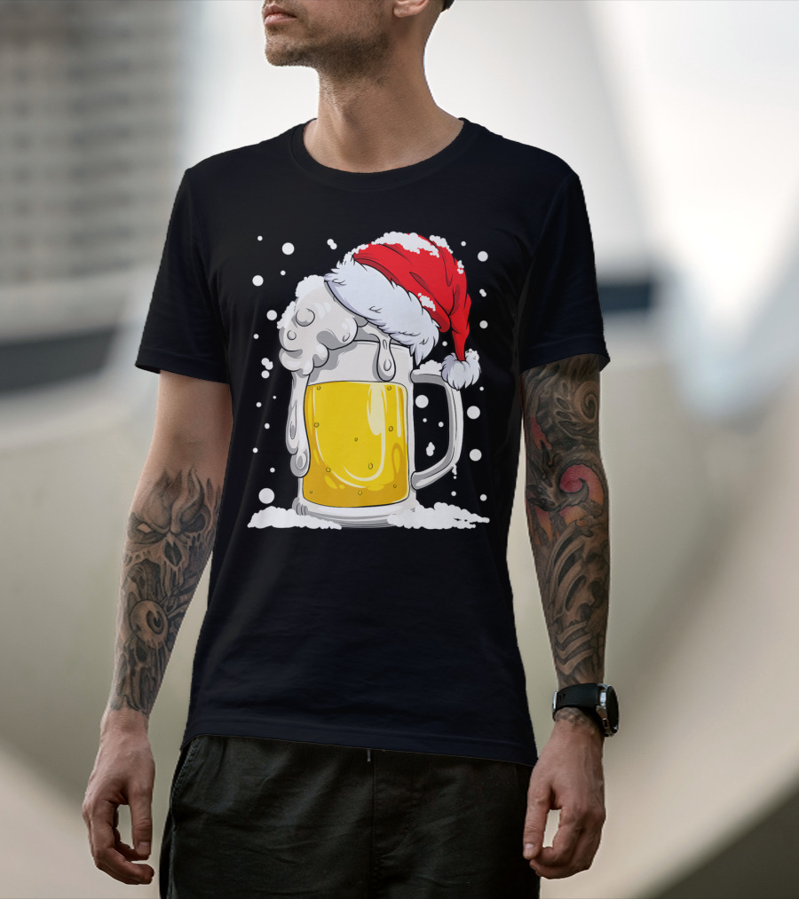 Beer Mug Wearing Santa Hat Surrounded By Snowflakes T-Shirt