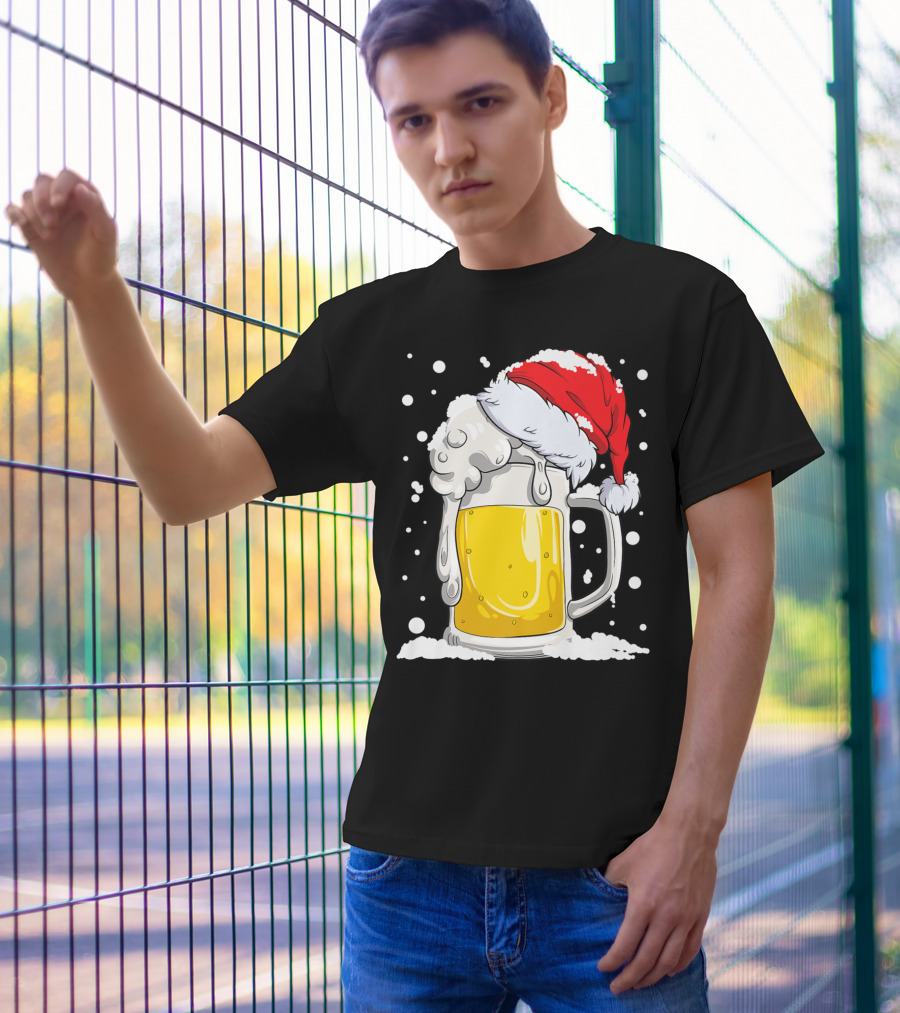 Beer Mug Wearing Santa Hat Surrounded By Snowflakes T-Shirt