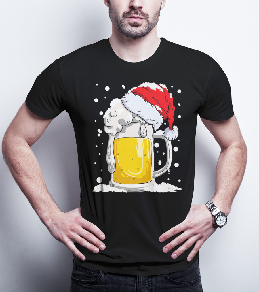 Beer Mug Wearing Santa Hat Surrounded By Snowflakes T-Shirt