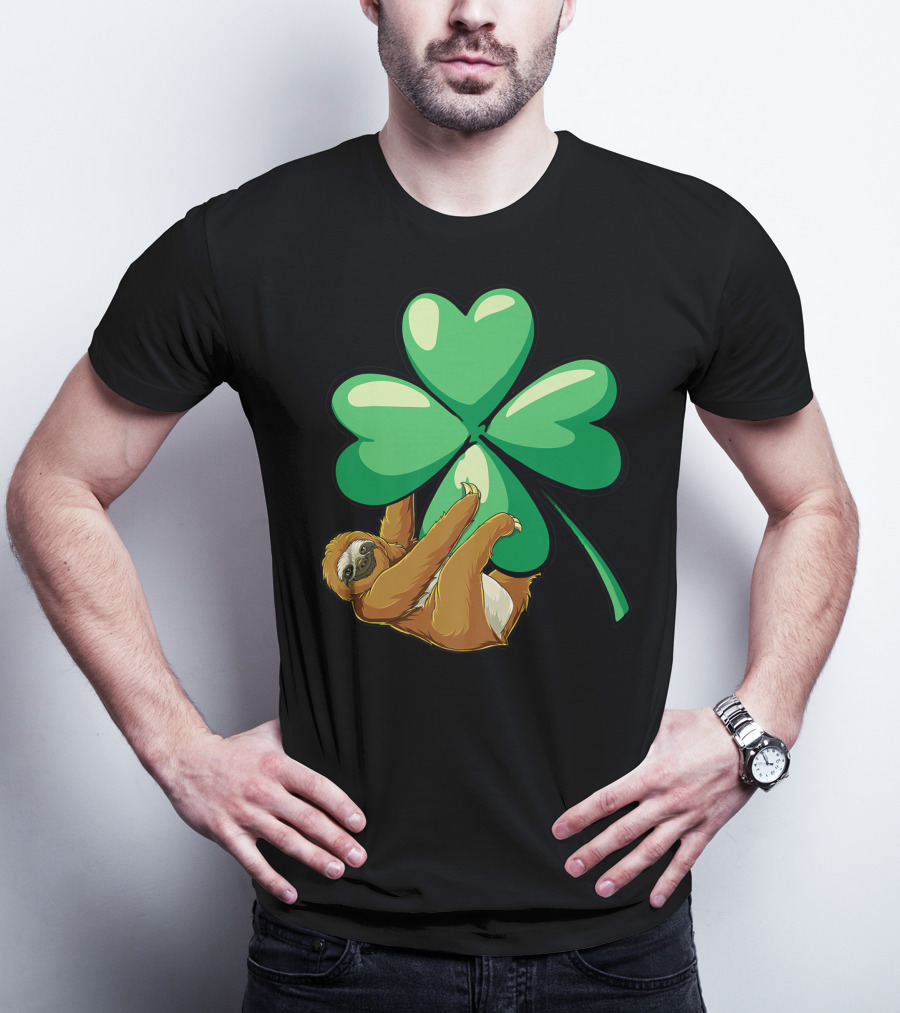 Sloth Hugging Shamrock St Patricks Day Women Girls Lucky Charm T-Shirt