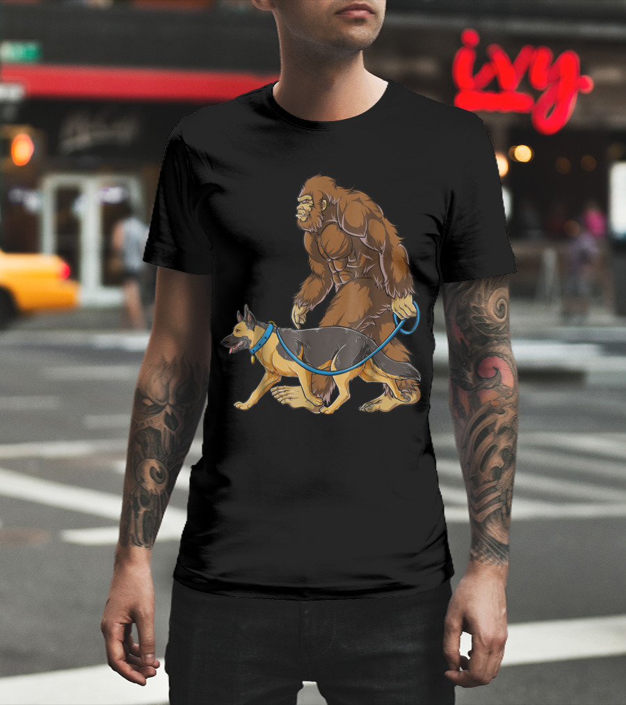 Bigfoot Sasquatch Walking German Shepherd Dog For Kids And Men T-Shirt