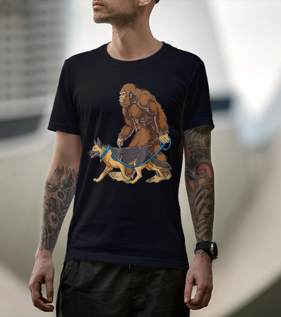 Bigfoot Sasquatch Walking German Shepherd Dog For Kids And Men T-Shirt