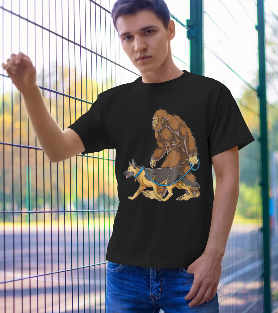 Bigfoot Sasquatch Walking German Shepherd Dog For Kids And Men T-Shirt