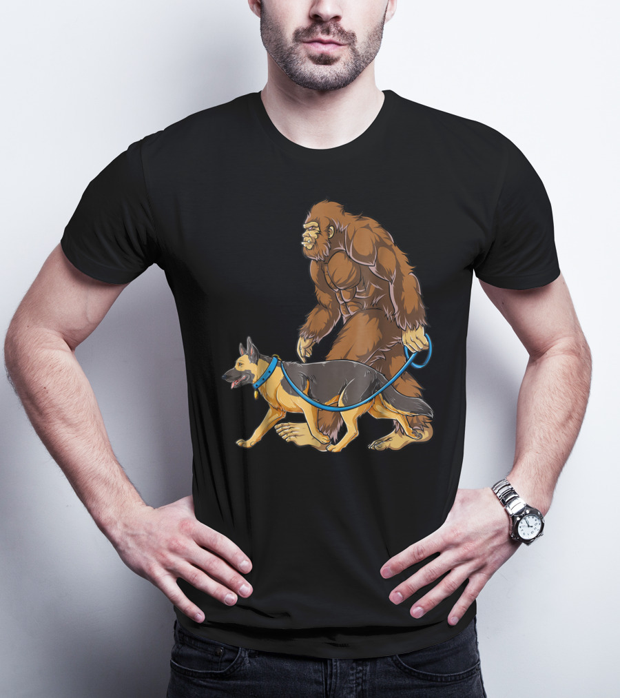 Bigfoot Sasquatch Walking German Shepherd Dog For Kids And Men T-Shirt