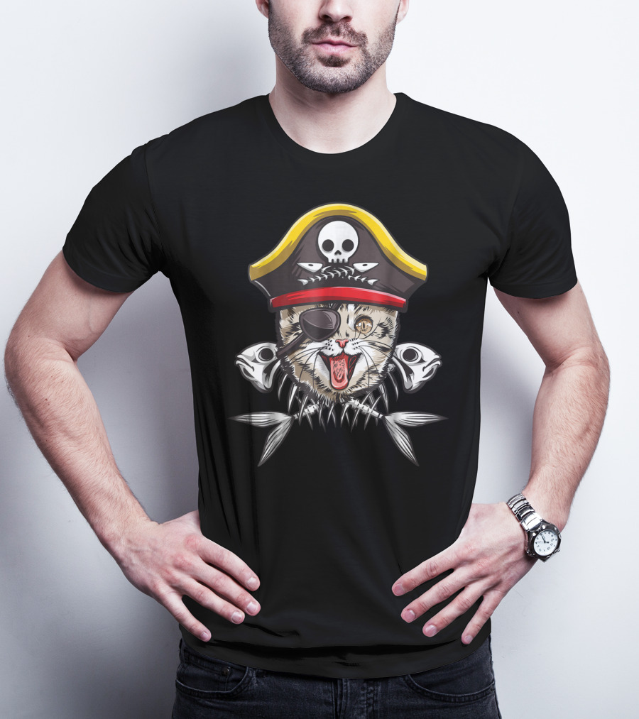 Cat Pirate Jolly Roger Flag Skull Crossbones Captain15 Eye Patch Fish Bones Hat Skull T-Shirt