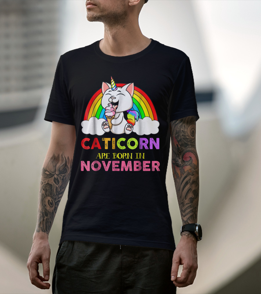 Caticorn Are Born In November Rainbow Ice Cream Cloud Cat Unicorn T-Shirt