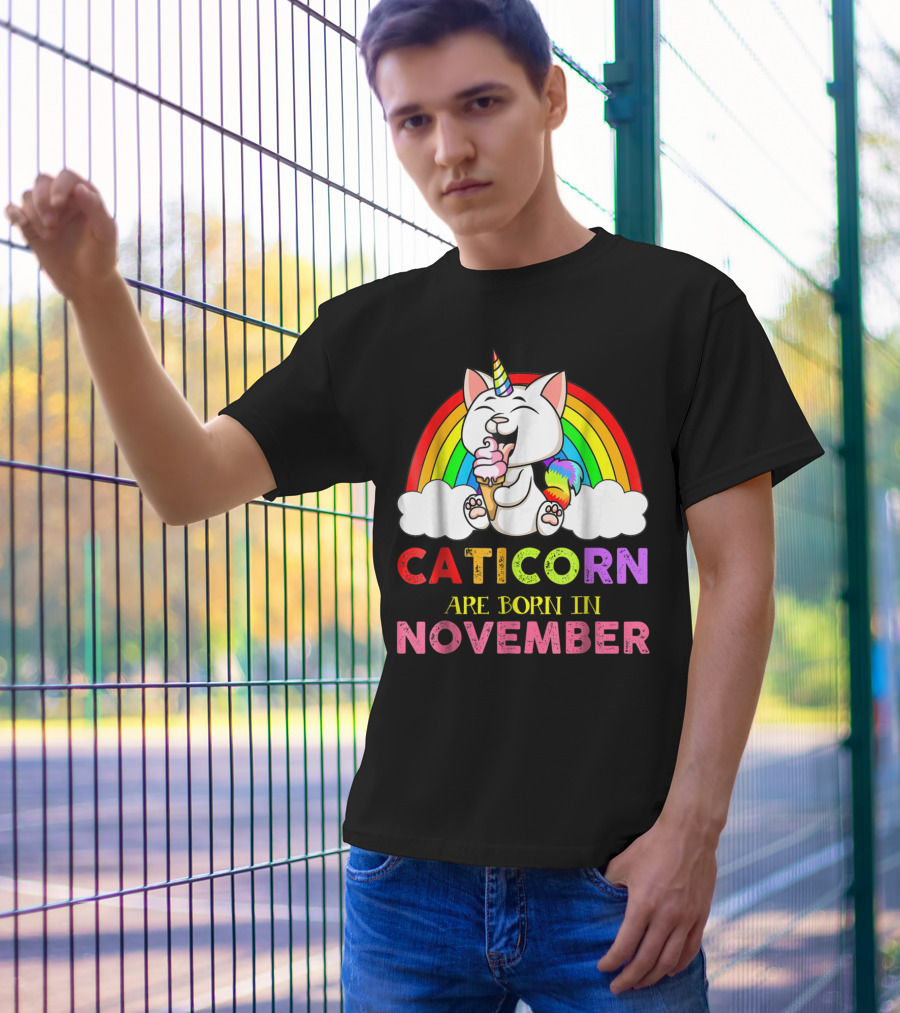 Caticorn Are Born In November Rainbow Ice Cream Cloud Cat Unicorn T-Shirt