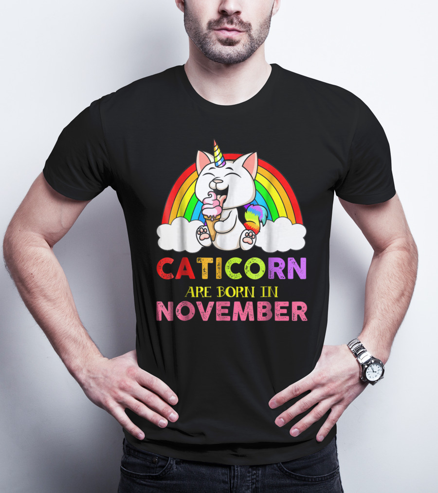 Caticorn Are Born In November Rainbow Ice Cream Cloud Cat Unicorn T-Shirt