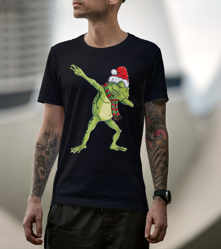 Christmas Dabbing Frog With Santa Hat And Scarf T-Shirt