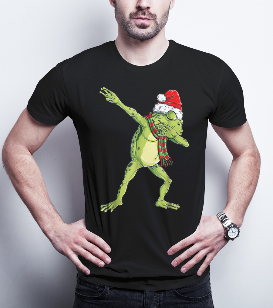 Christmas Dabbing Frog With Santa Hat And Scarf T-Shirt