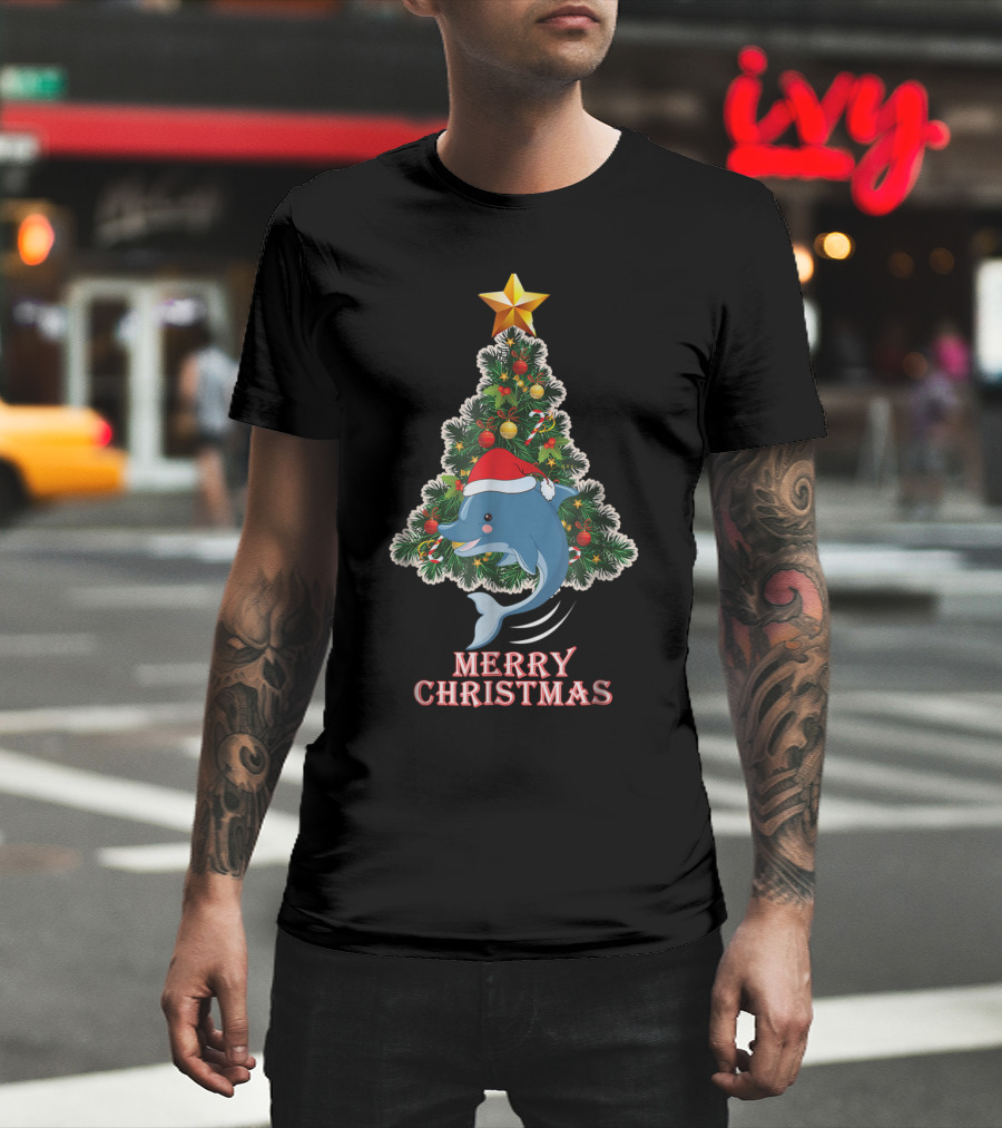 Merry Christmas Dolphin Tree With Santa Hat For Xmas T-Shirt
