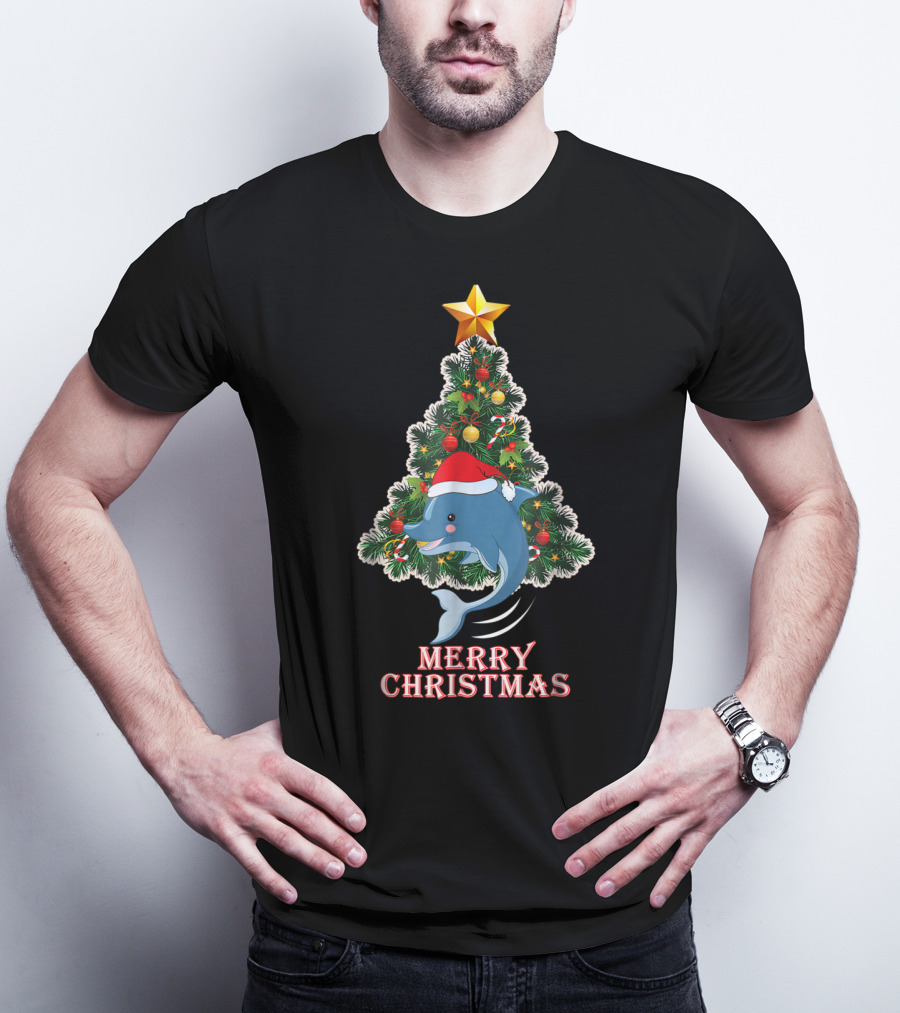 Merry Christmas Dolphin Tree With Santa Hat For Xmas T-Shirt