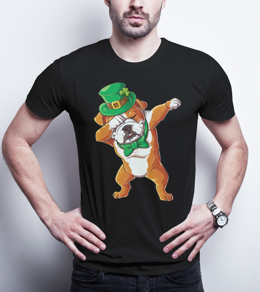 Dabbing English Bulldog St Patricks Day Leprechaun Hat Bow Tie T-Shirt