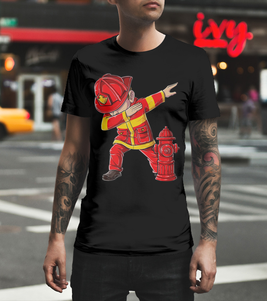 Dabbing Firefighter With Fire Hydrant Dab Dance Funny T-Shirt