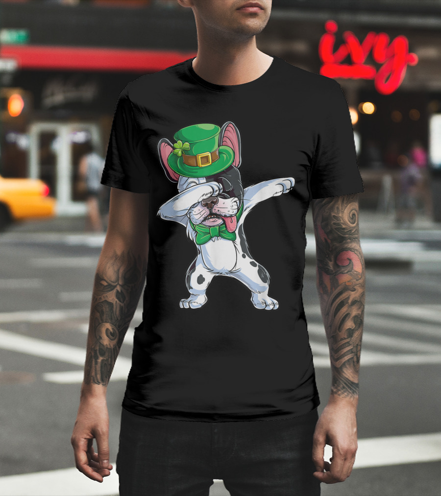 Dabbing French Bulldog St Patricks Day Leprechaun Hat Bow Tie T-Shirt