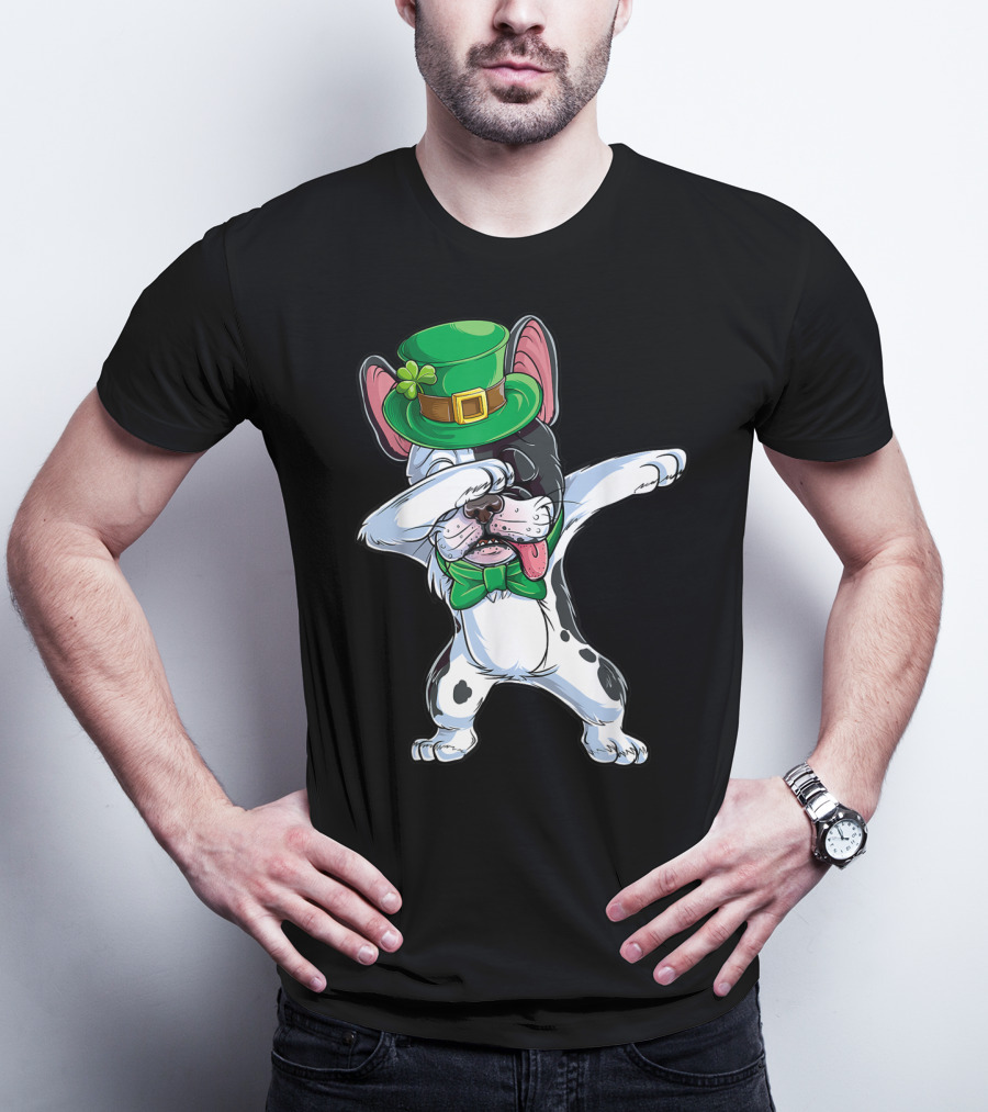 Dabbing French Bulldog St Patricks Day Leprechaun Hat Bow Tie T-Shirt