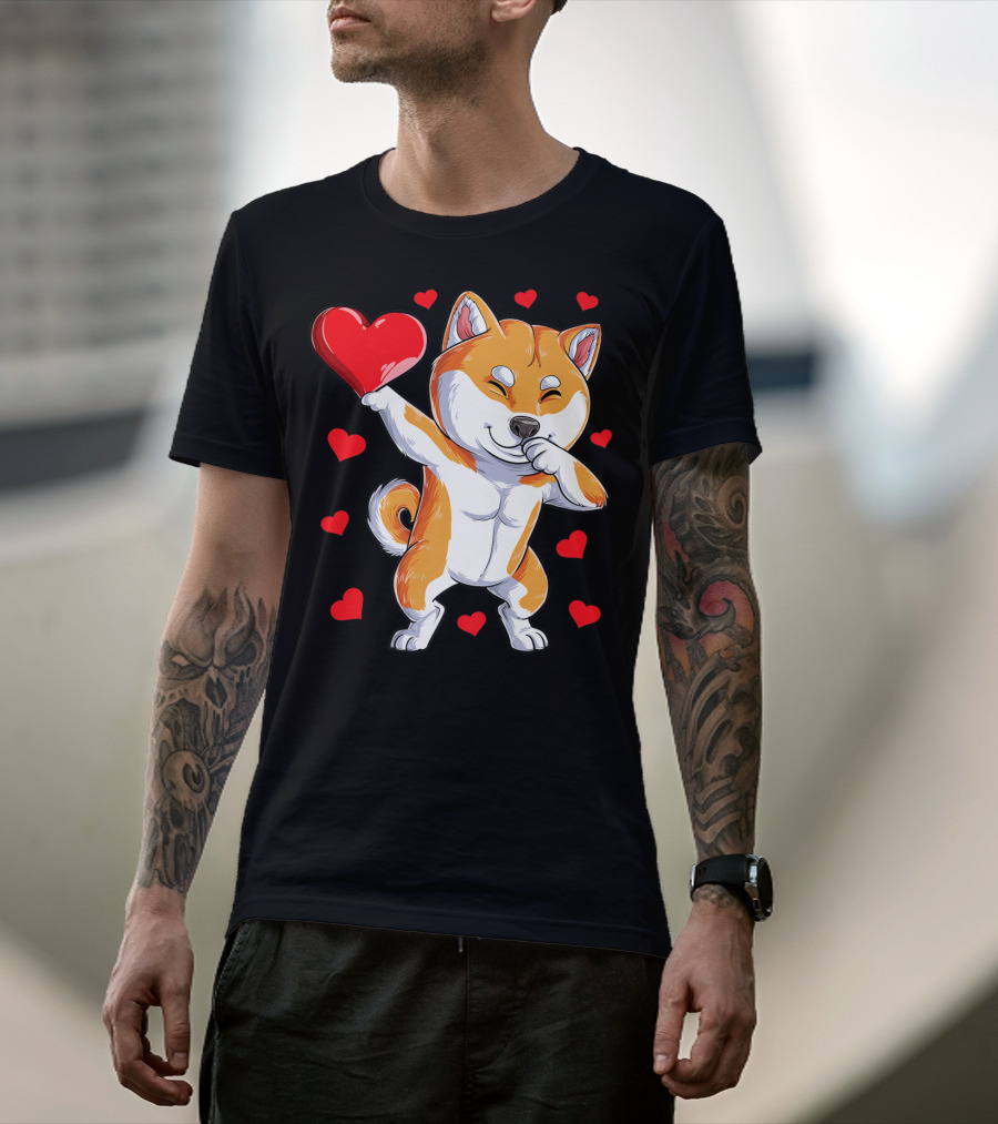 Dabbing Shiba Inu Holding Heart Valentines Day Dog Lover Boys T-Shirt