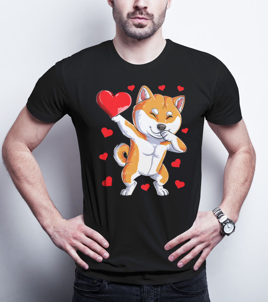 Dabbing Shiba Inu Holding Heart Valentines Day Dog Lover Boys T-Shirt
