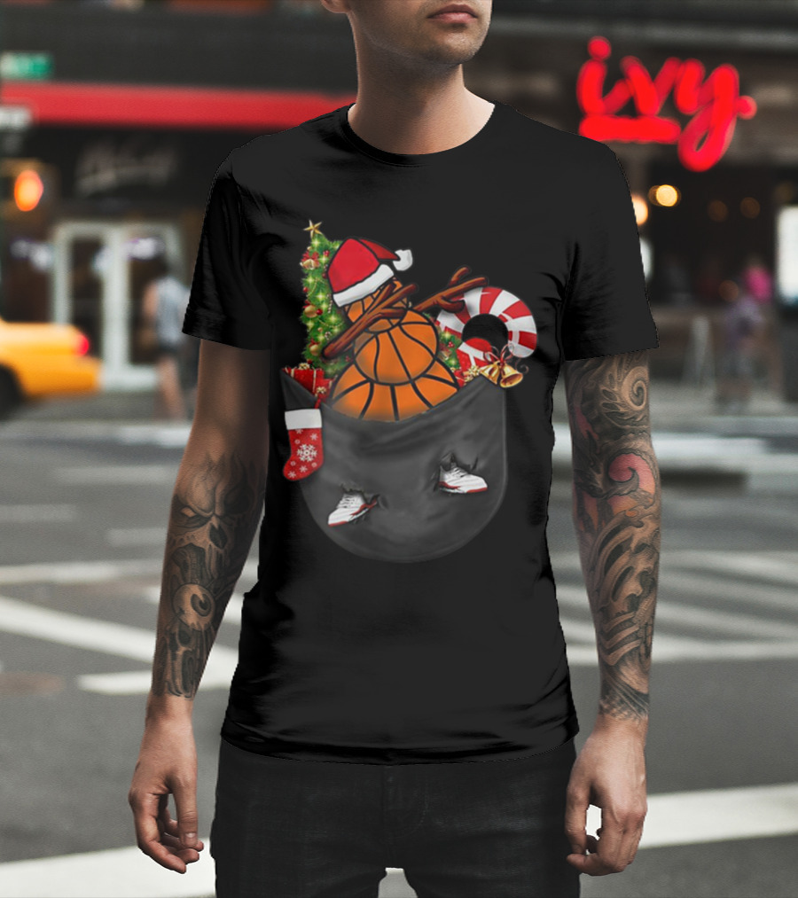 Dabbing Snowman Basketball Santa Hat Christmas Pocket T-Shirt