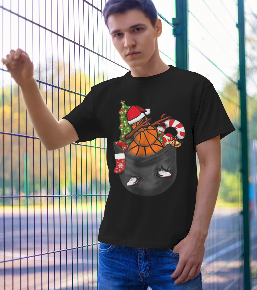 Dabbing Snowman Basketball Santa Hat Christmas Pocket T-Shirt