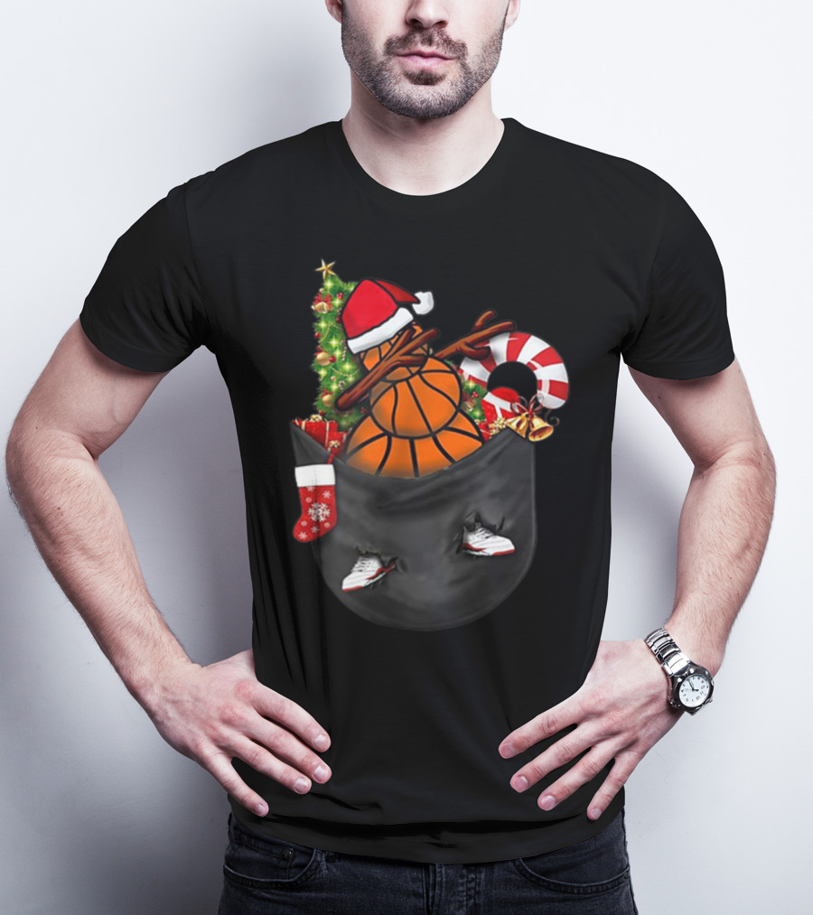 Dabbing Snowman Basketball Santa Hat Christmas Pocket T-Shirt