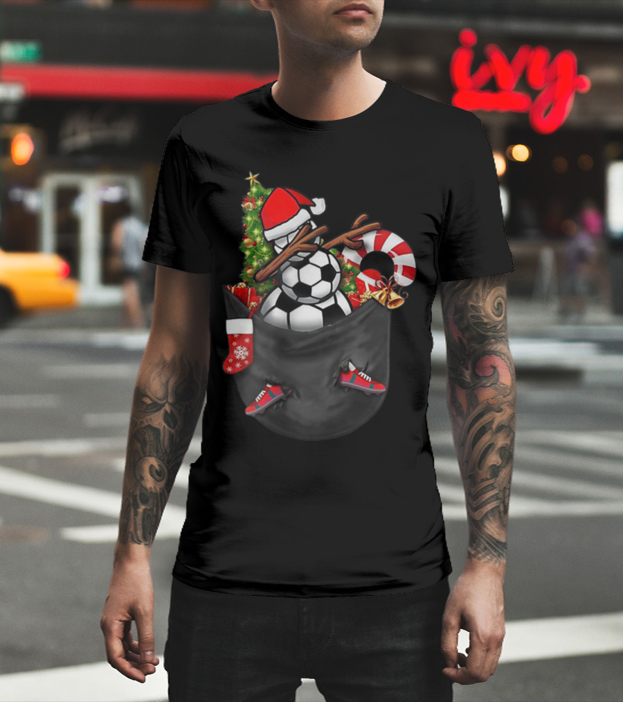 Dabbing Snowman With Soccer Ball And Christmas Decorations In Pocket T-Shirt