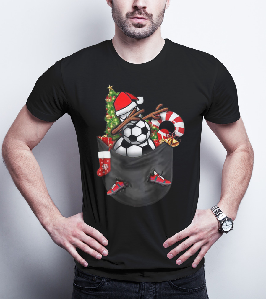 Dabbing Snowman With Soccer Ball And Christmas Decorations In Pocket T-Shirt