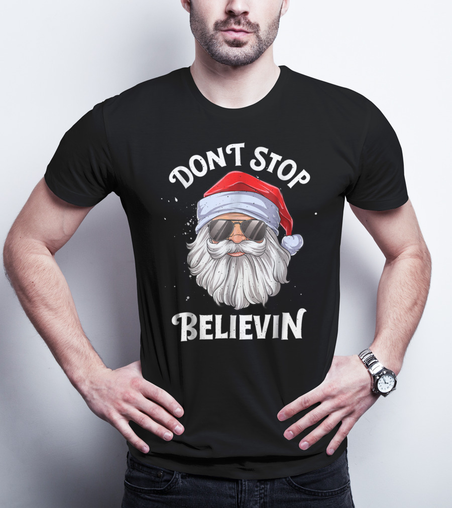 Dont Stop Believin Santa Christmas Boys Sunglasses Holiday T-Shirt