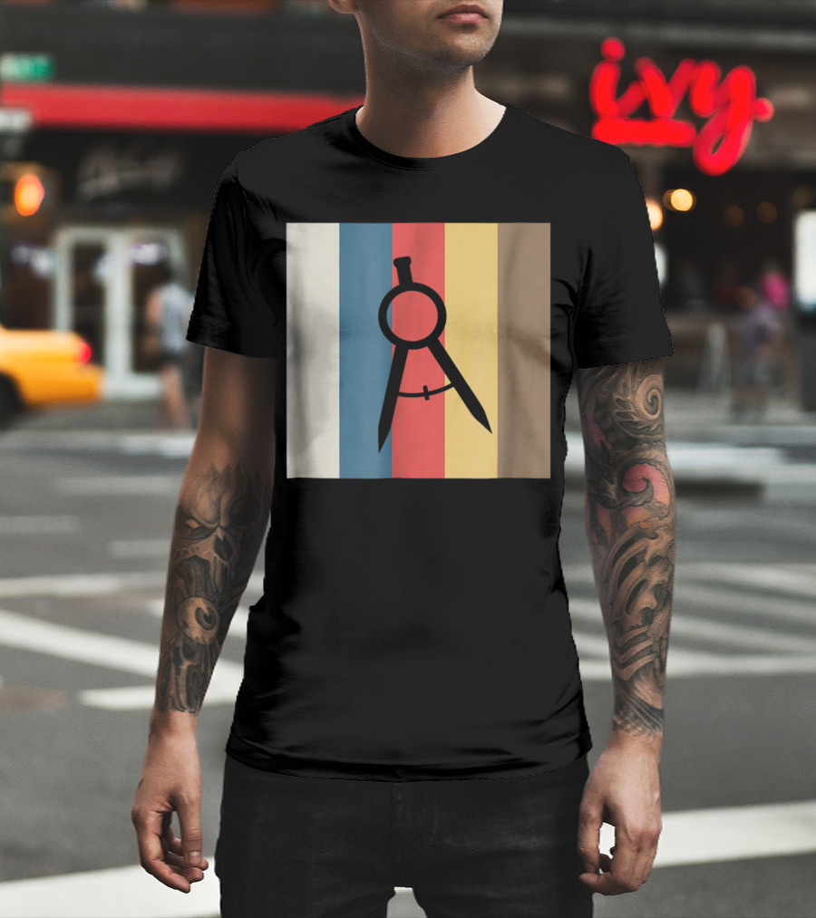 Cool Divider Vintage Architecture Compass On Retro Color Stripes T-Shirt