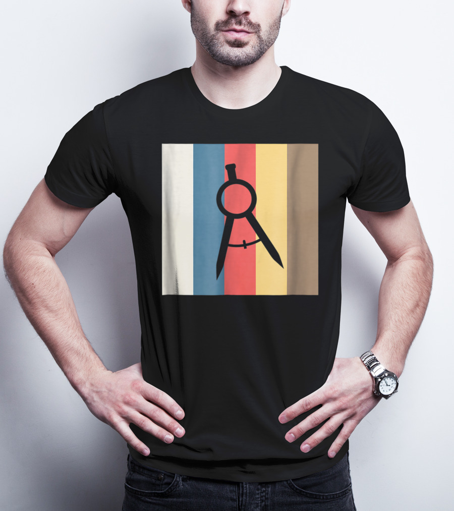 Cool Divider Vintage Architecture Compass On Retro Color Stripes T-Shirt