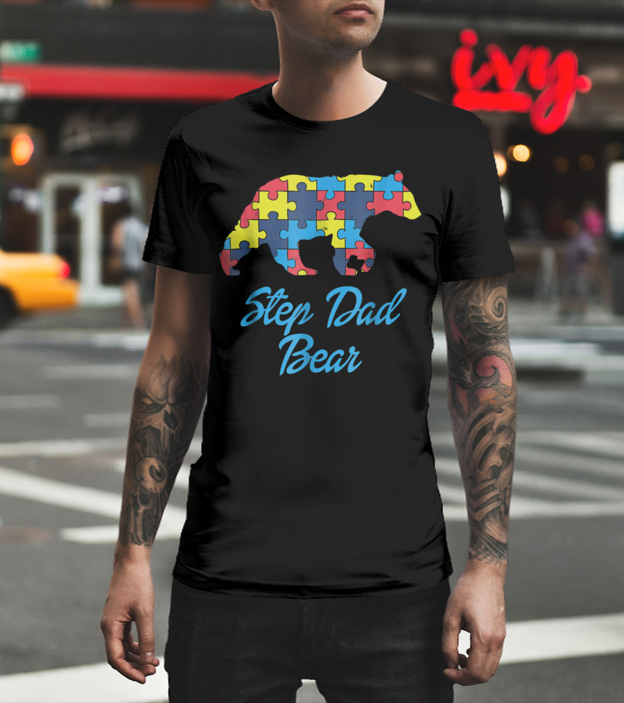 Step Dad Bear Autism Awareness Puzzle T-Shirt