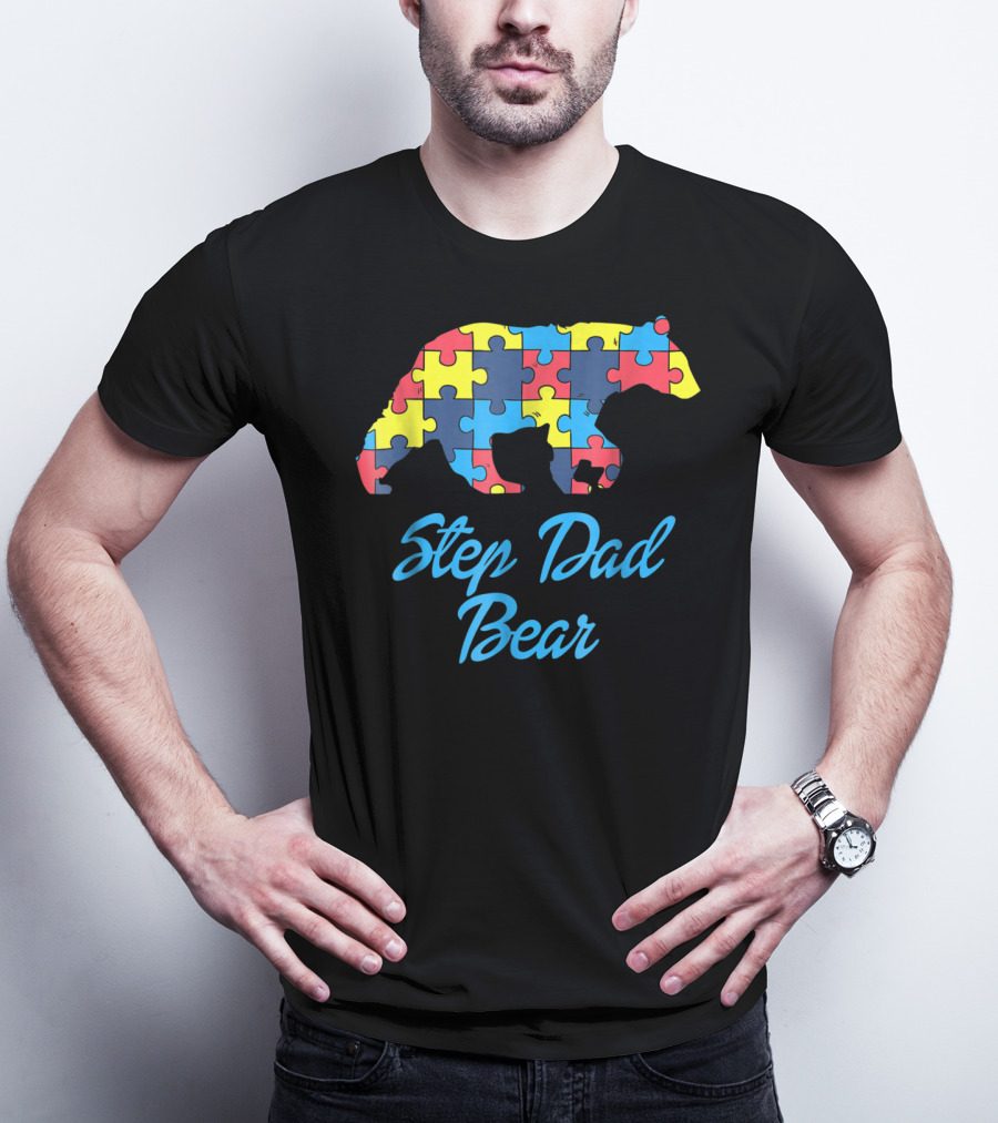 Step Dad Bear Autism Awareness Puzzle T-Shirt