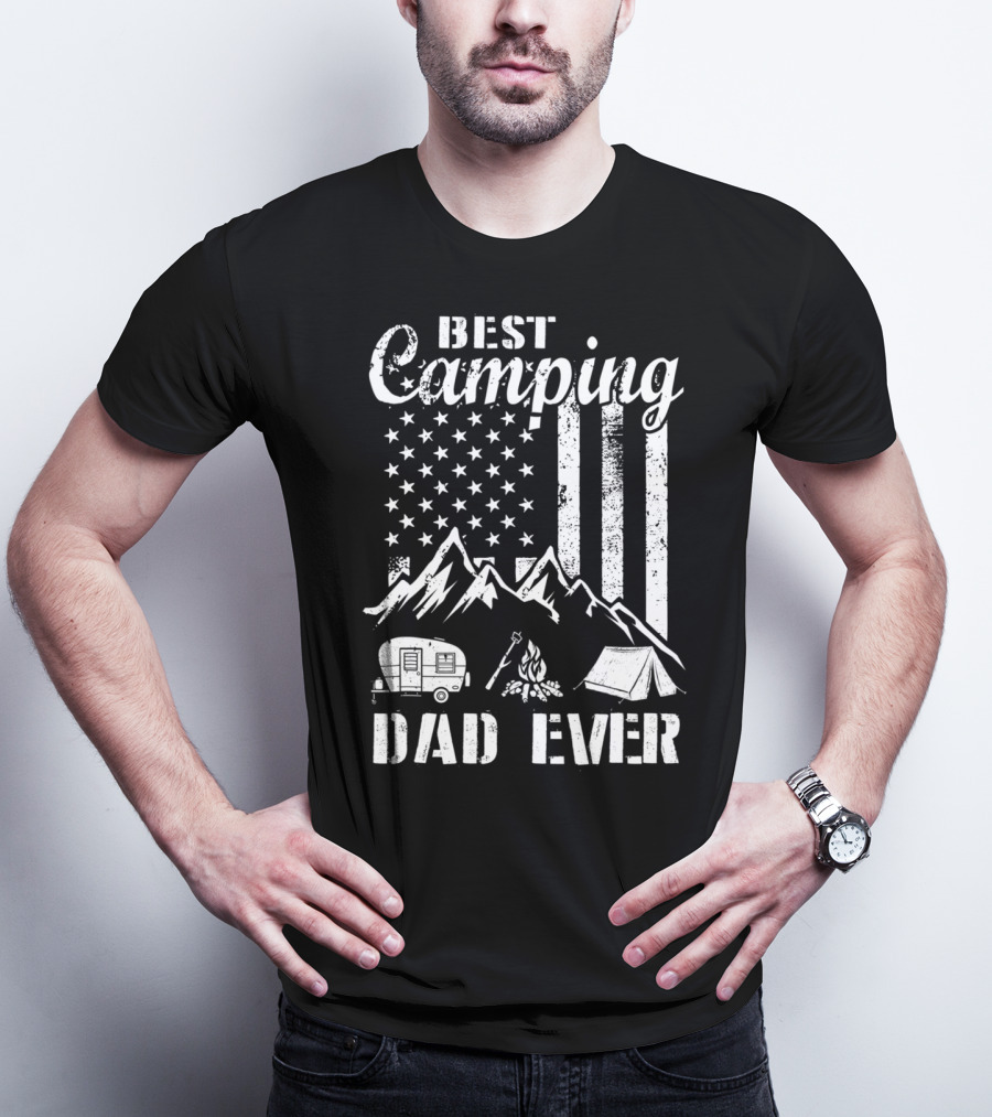 Best Camping Dad Ever American Flag Mountains Campfire Tent And Camper T-Shirt