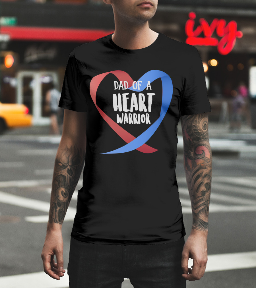 Dad Of A Heart Warrior CHD Awareness Red And Blue Ribbon Heart T-Shirt