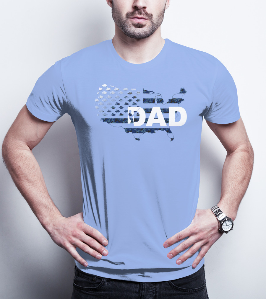 Dad Camouflage Flag Map USA Fish T-Shirt
